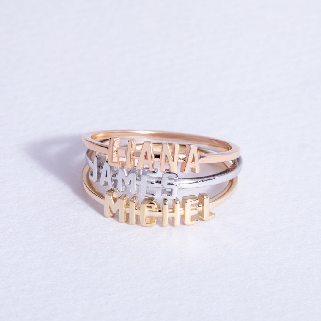 Tiny Name Ring in 14K 18K Solid Gold, Personalized Stackable Ring ...