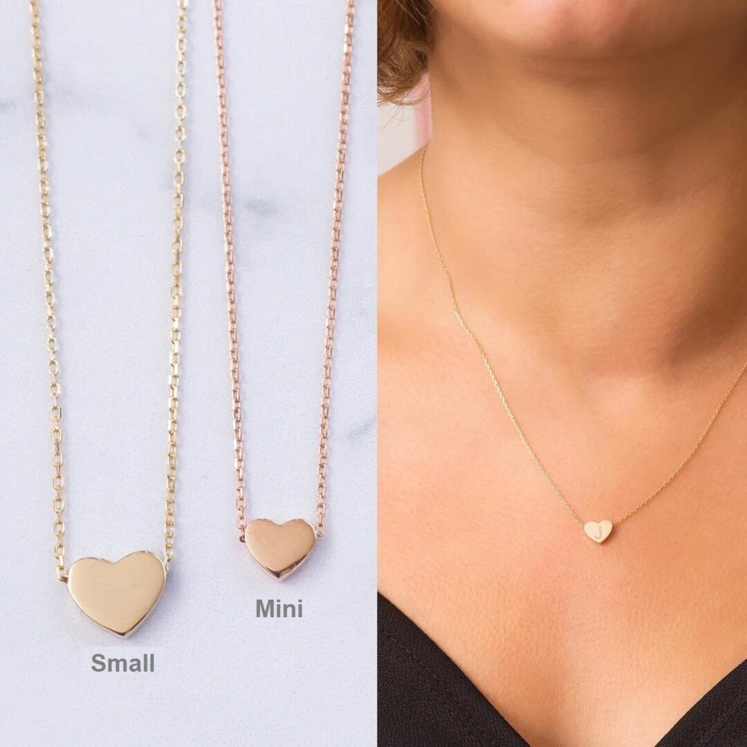 14k 18k Solid Gold Tiny Heart Necklace, Sliding Dainty Heart Charm ...