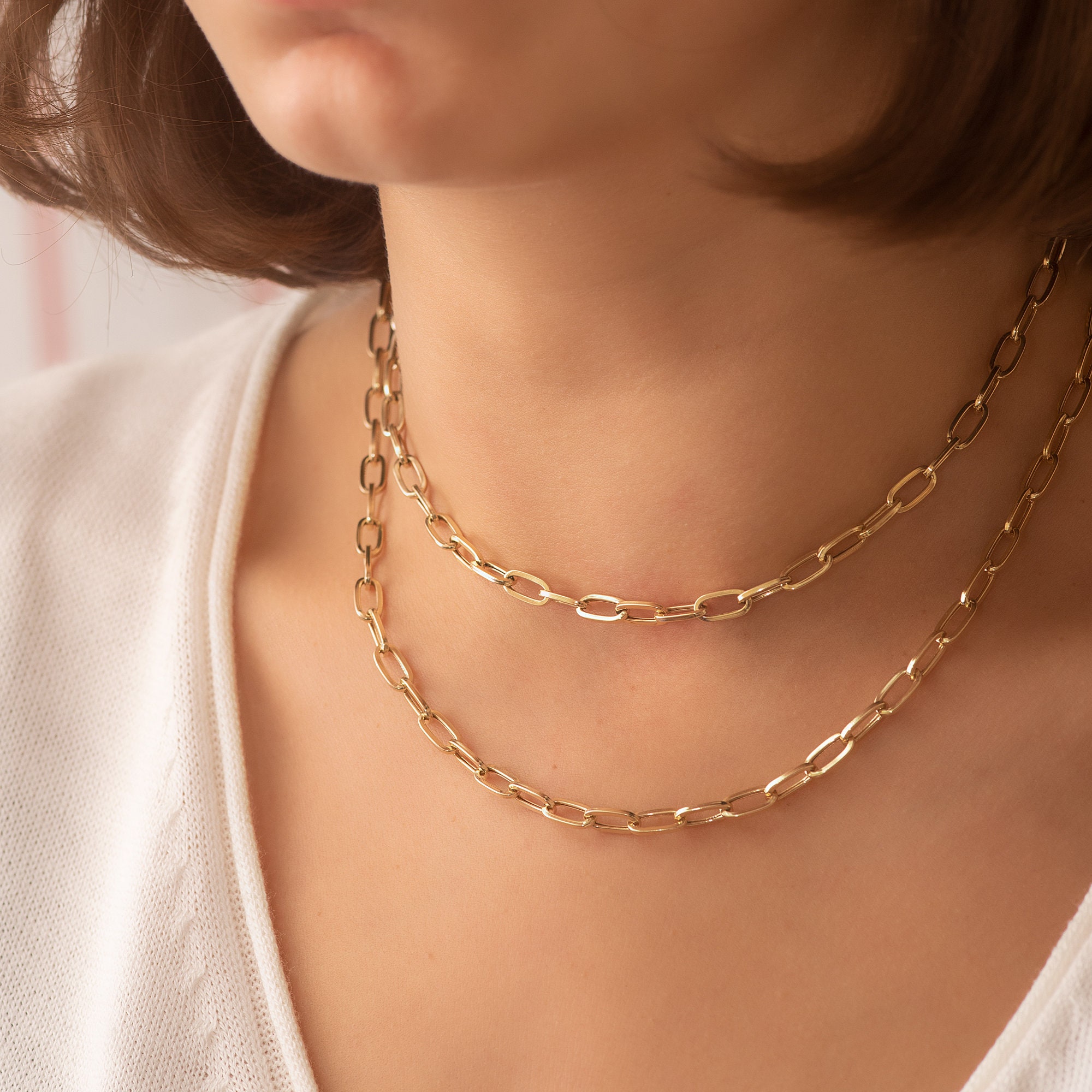 14K Yellow Gold Rectangle Link Chain Yellow Gold Paper Clip - Etsy