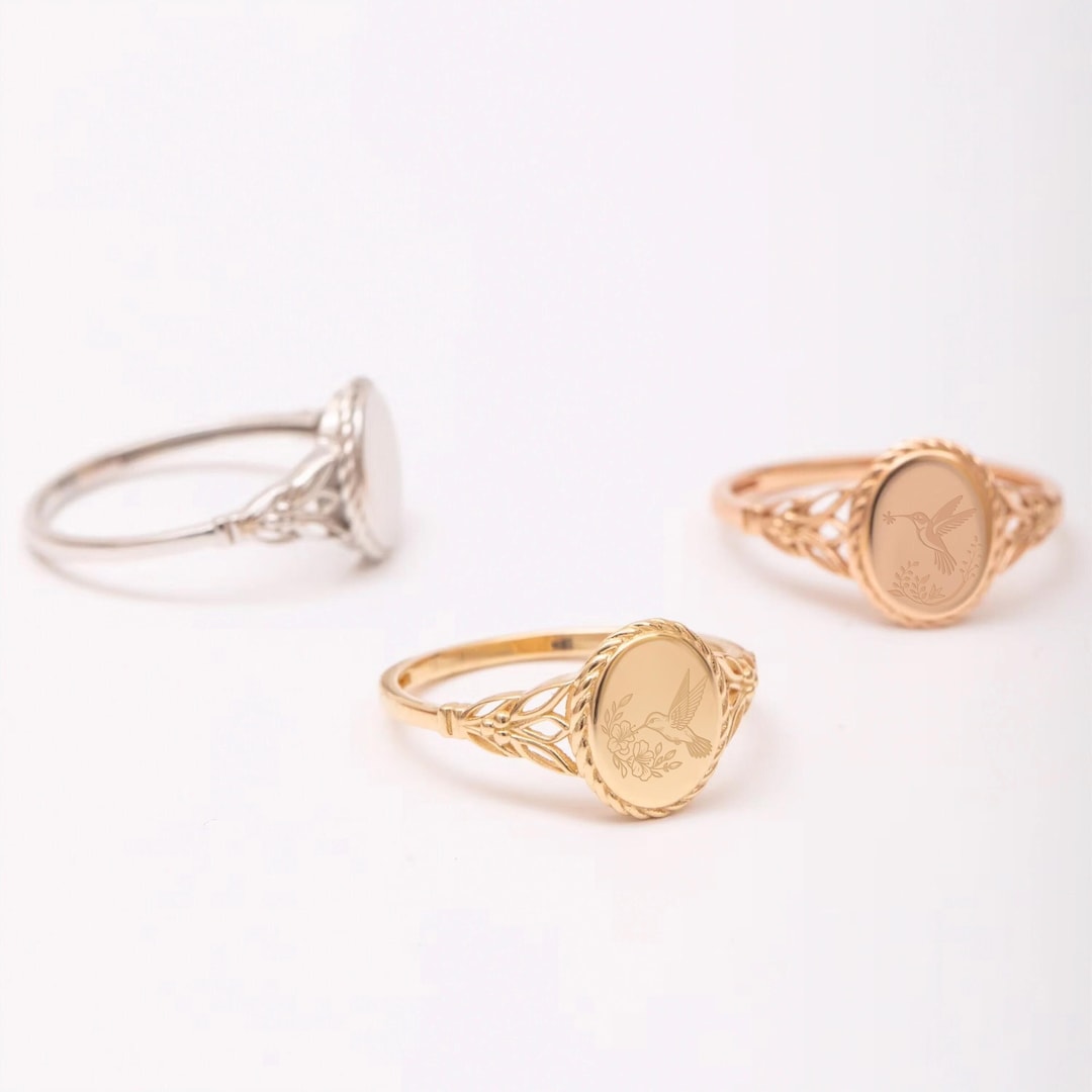 Vintage Hummingbird Engraved Ring, 10K 14K 18K Solid Gold – Nature ...