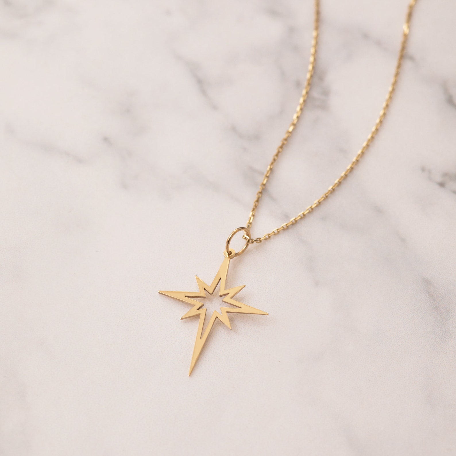 14k Solid Gold Northern Star Necklace, North Star Pendant, Dainty Pole ...