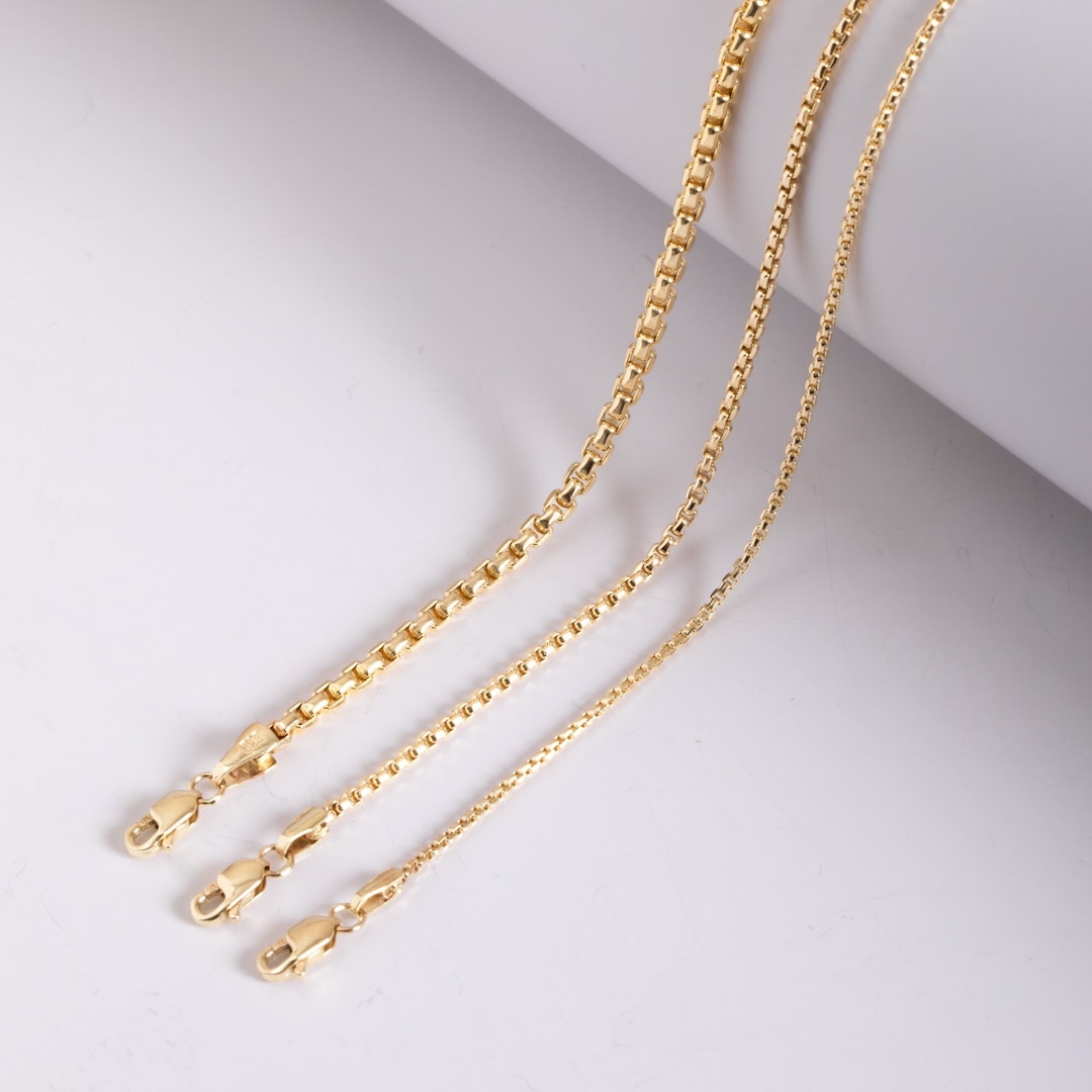 14K Real Gold Round Box Necklace, Yellow Gold Heavy Round Box Chain ...