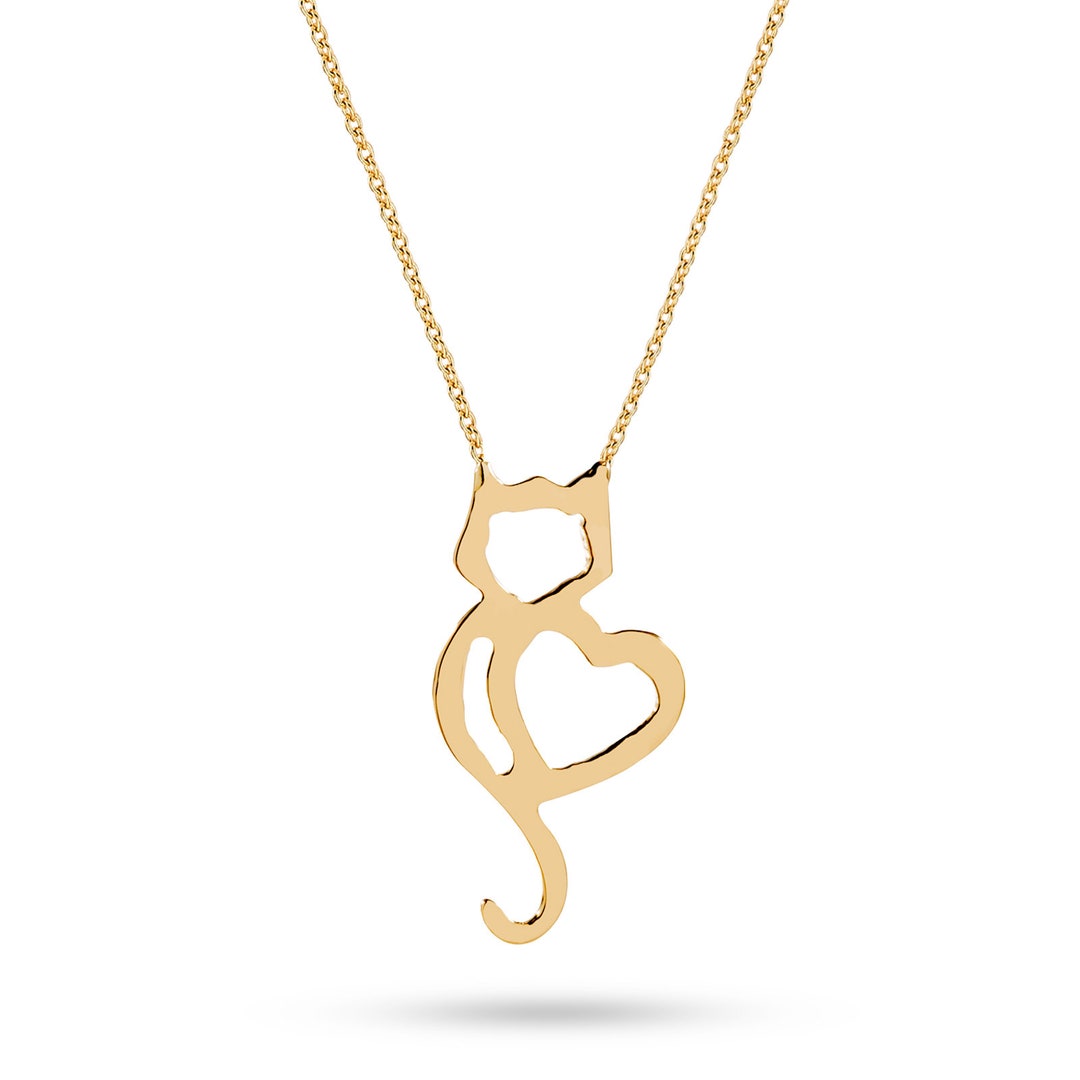 14k Solid Gold Cat Heart Pendant Necklace - Pet Lover Gift, Minimalist ...