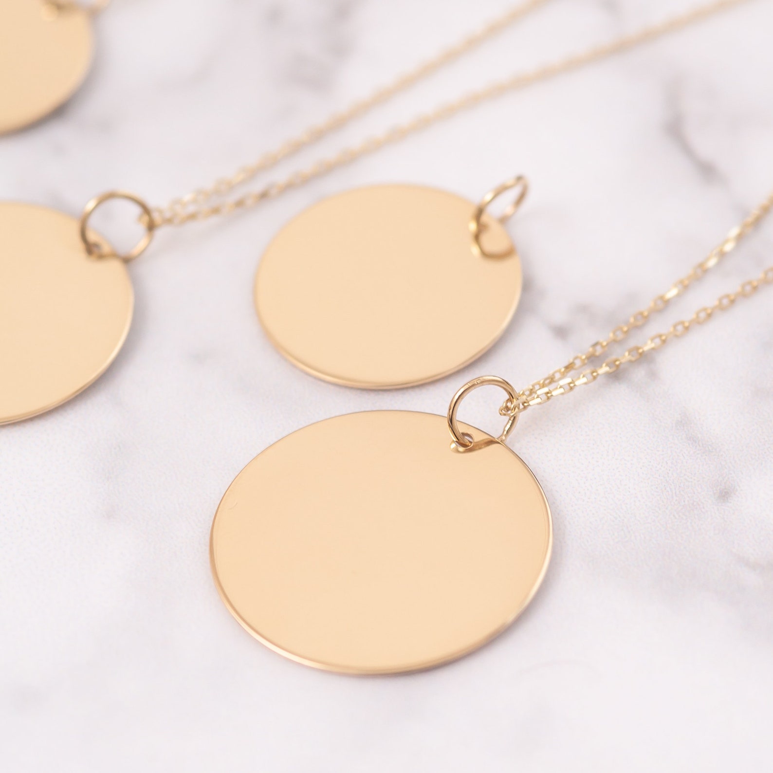 14K Solid Custom Engrave Disk Necklace, Personalized Dainty Solid Gold ...