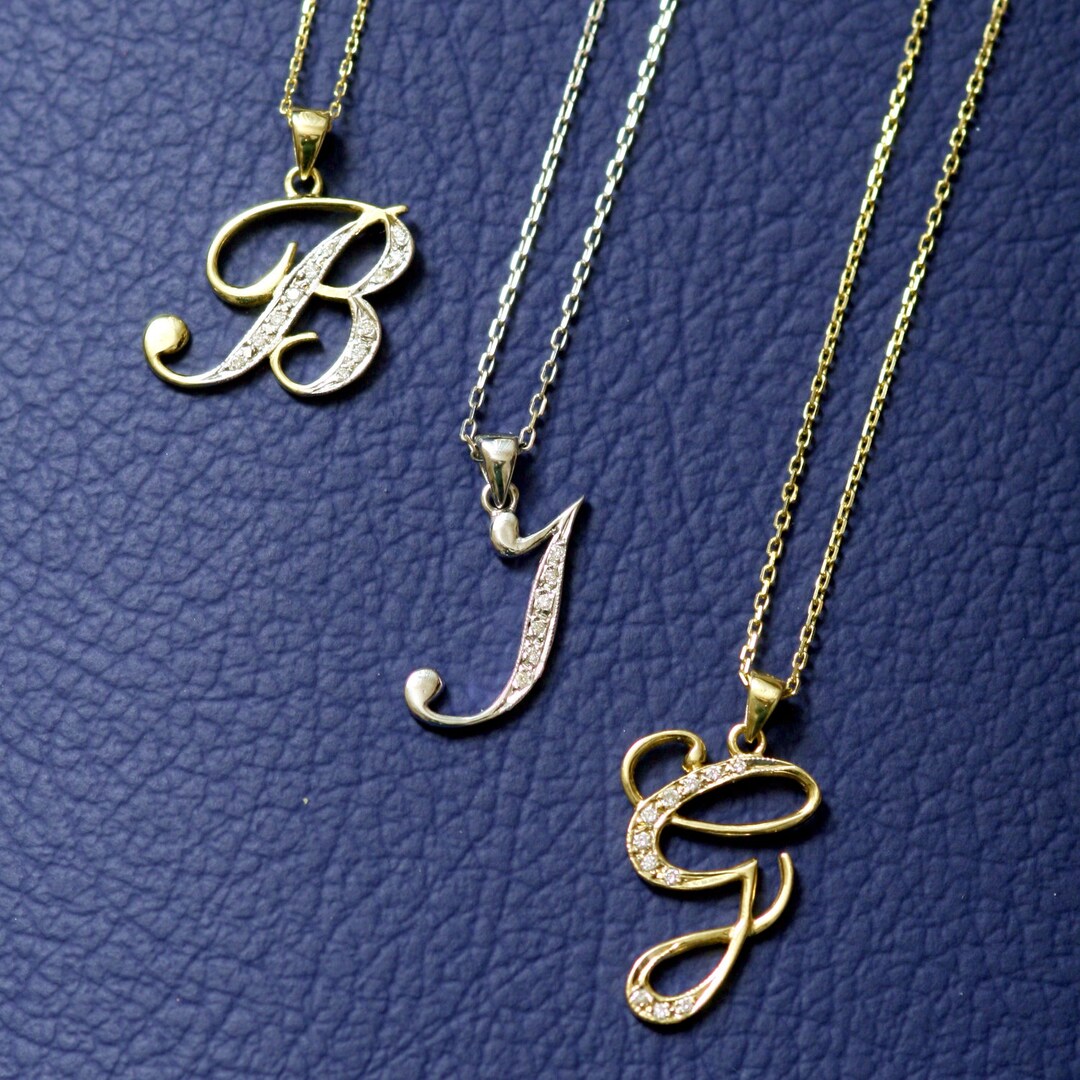 14k 18k Solid Gold Pave Diamond Initial Pendant, A-Z Custom Script ...