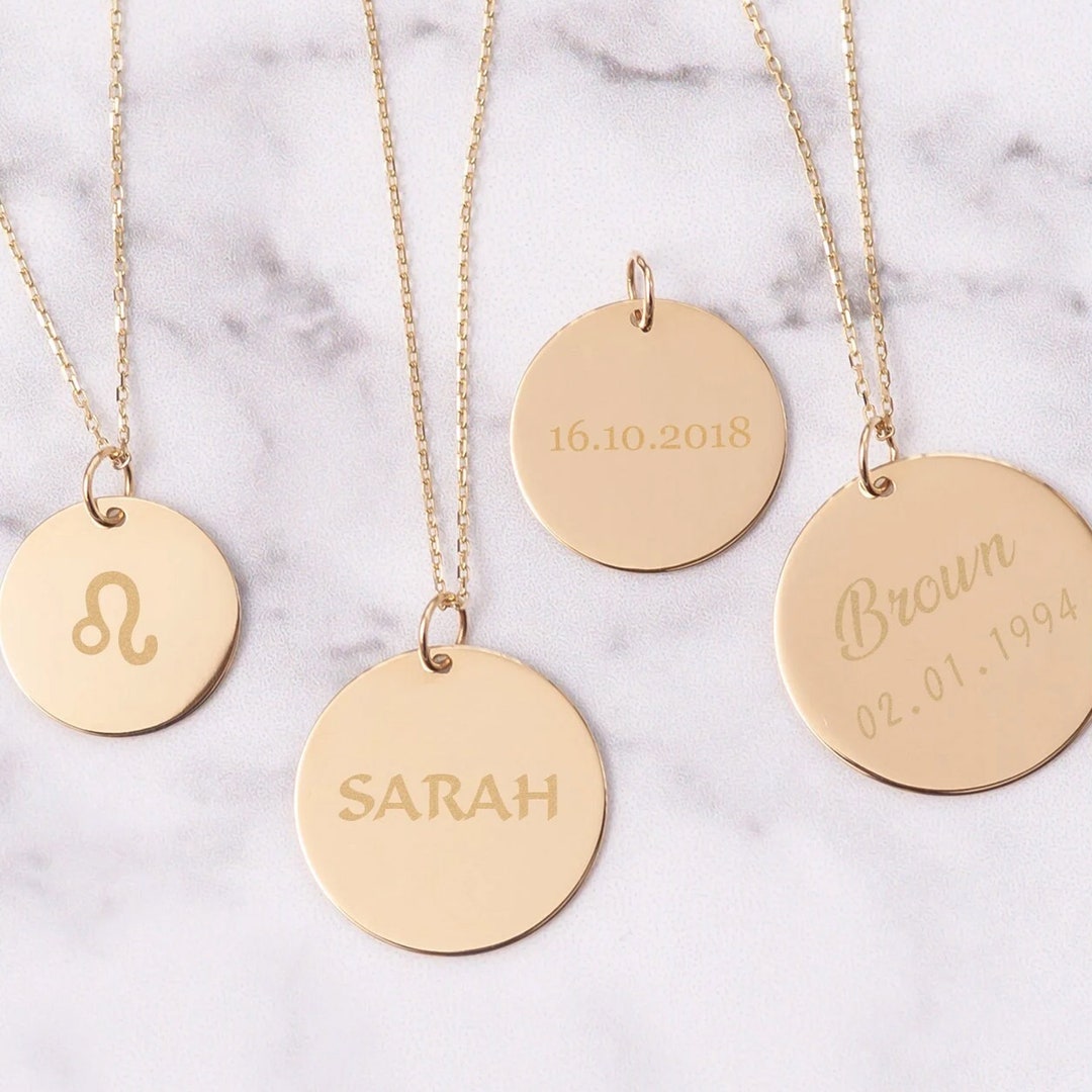 14K Solid Custom Engrave Disk Necklace, Personalized Dainty Solid Gold ...