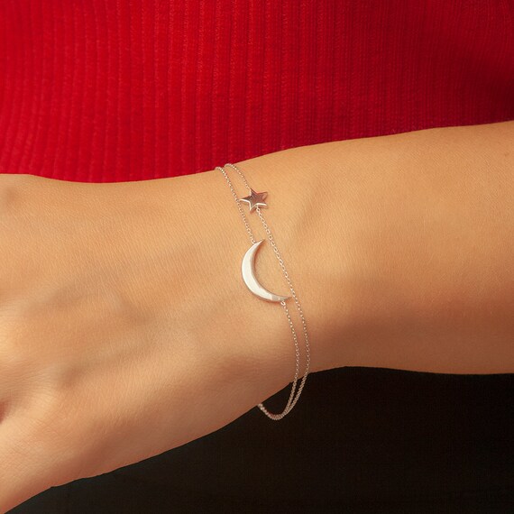 14k Gold Crescent Moon and Star Bracelet Double Row Chain - Etsy