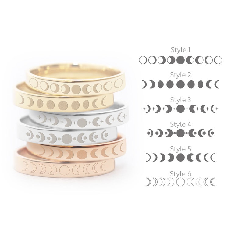Personalized Moon Phase Ring 14k or 18k SOLID Gold, 3mm or 4mm Dainty ...