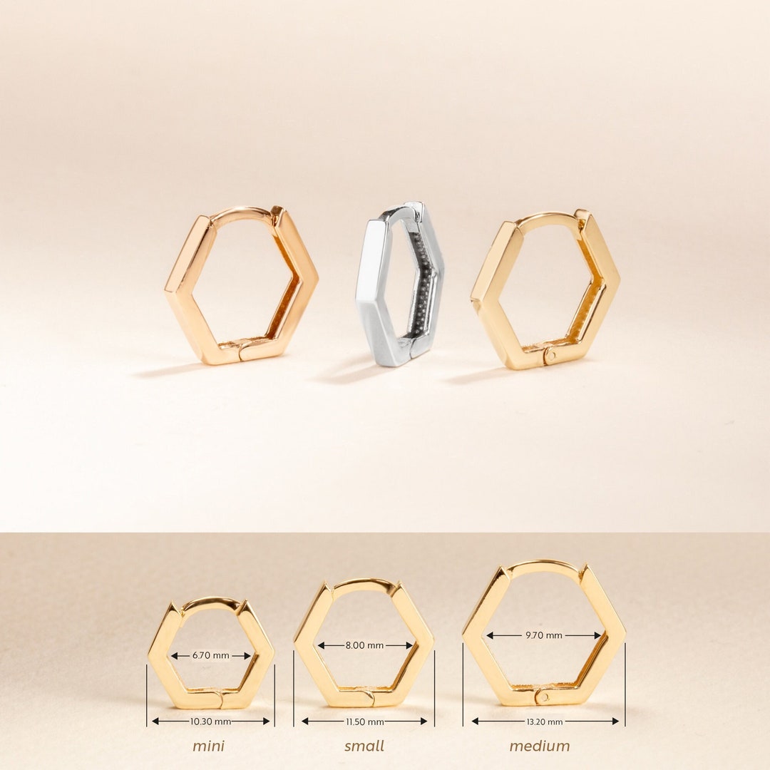 Hexagon Huggie Earrings 14K 18K Solid Gold, Hexagon Hoop Earrings Gold ...