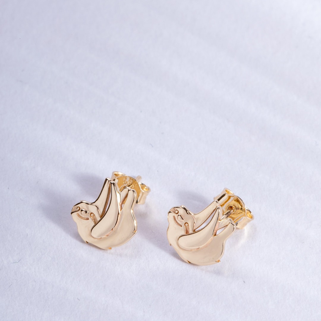 Sloth Earrings 14k 18K Solid Gold Dainty Hanging Sloth Real - Etsy