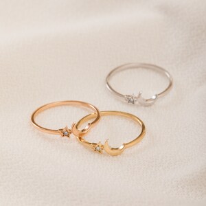 Diamond Crescent Moon Star Ring 14K 18K Solid Gold, Dainty Moon Star Promise Gold Diamond or Cz ...