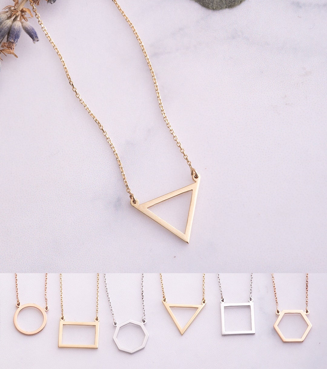14K Solid Gold Triangle Necklace Dainty Cutout Triangle - Etsy