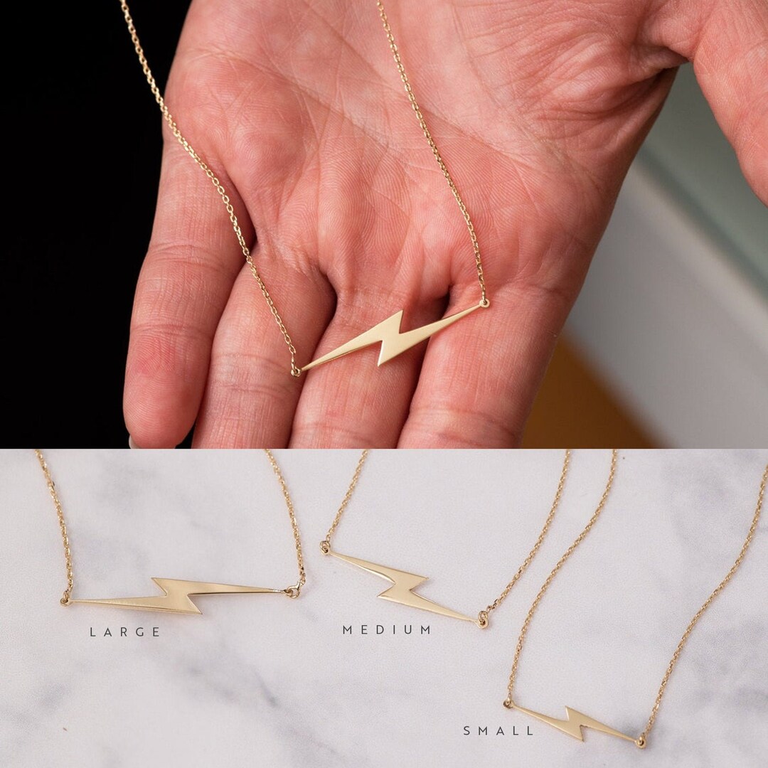 14K 18K Real Solid Gold Lightning Bolt Necklace, Dainty Sideways ...