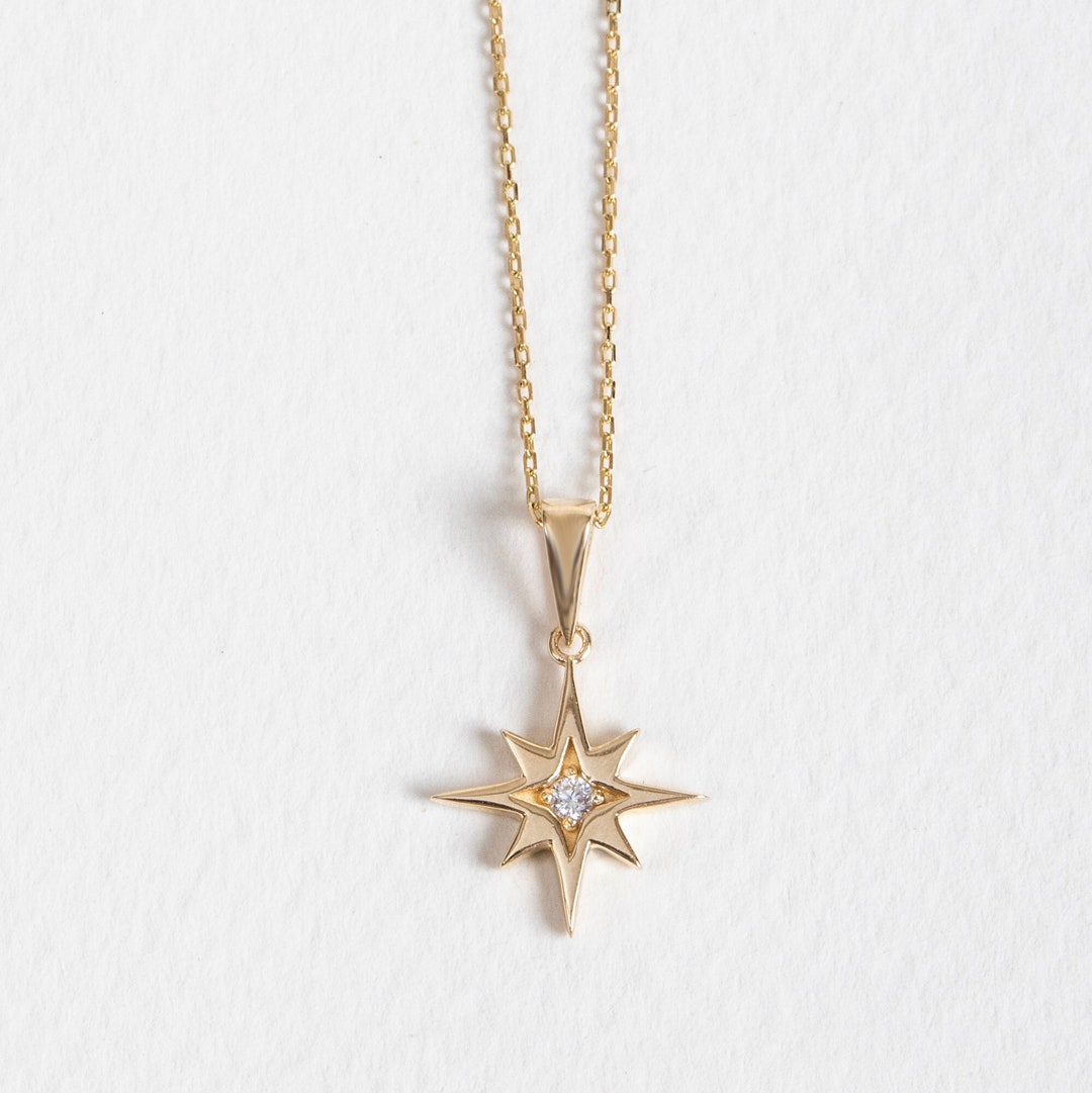 Celestial North Star Necklace, 14K 18K SOLID Gold Tiny Pole Star ...