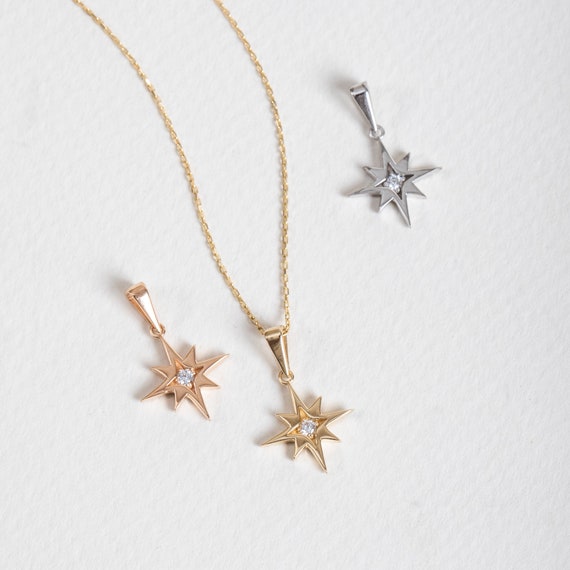 Celestial North Star Necklace 14K 18K SOLID Gold Tiny Pole Star Necklace Real Diamond Northern Star Pendant Guiding Star Starburst Charm Etsy