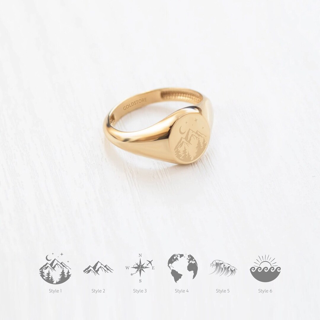 14k/18k Solid Gold Mountain Signet Ring - Adventure & Wanderlust ...