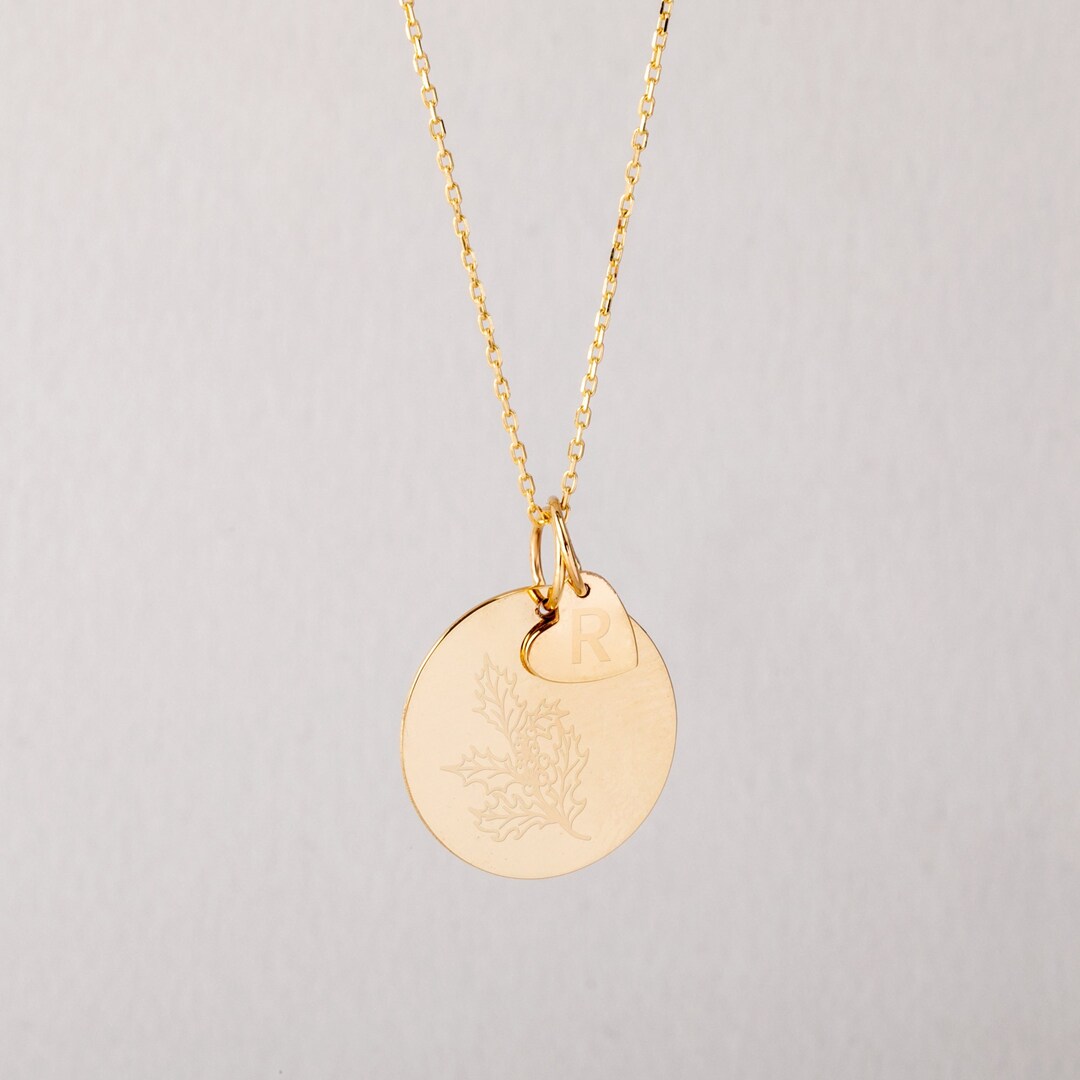 Personalized Birth Flower Disc Necklace 14k SOLID Gold, Month Floral ...