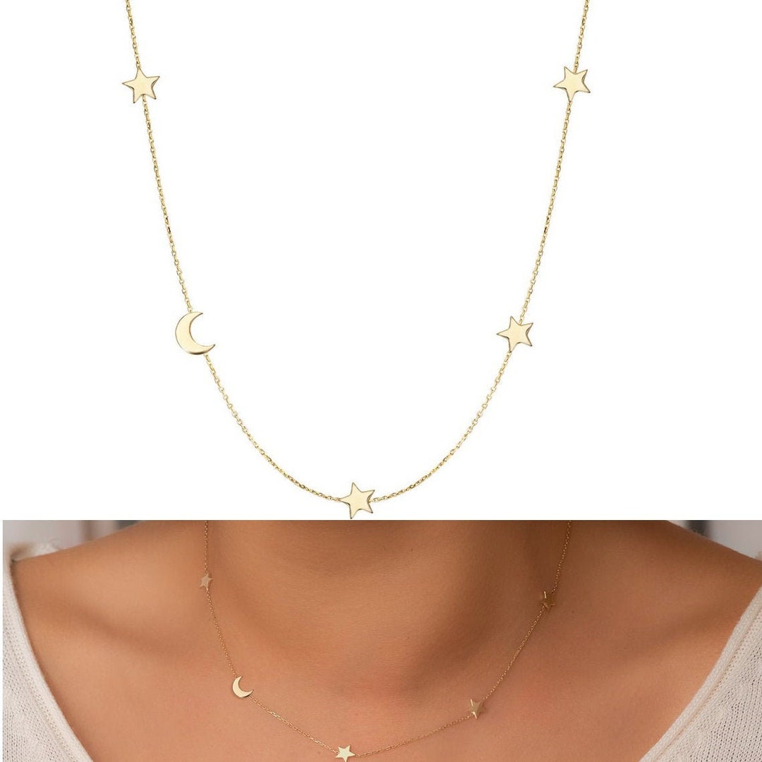 14k Real Gold Sideways Moon Star Necklace, Moon Multiple Star Sideways ...