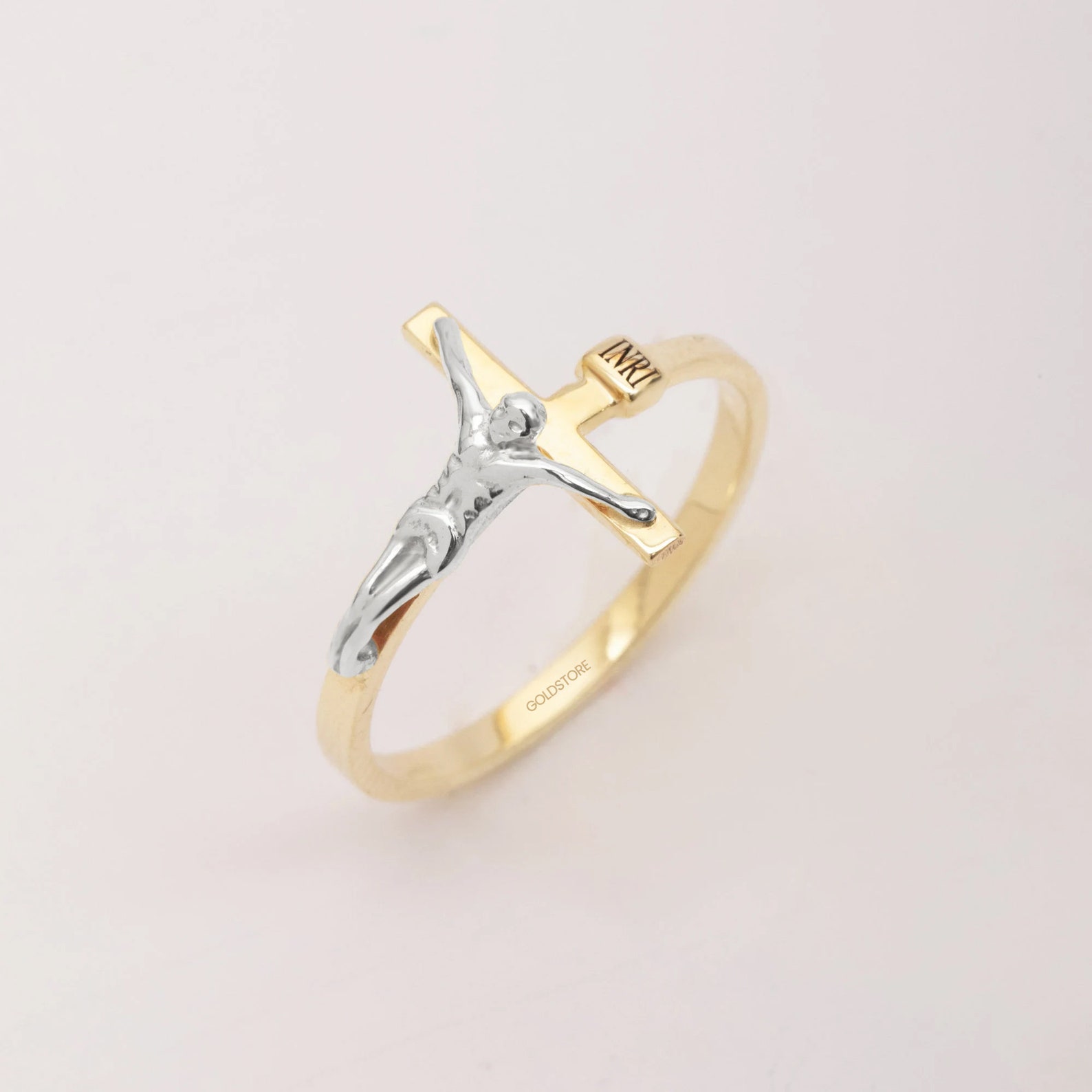 Crucifix Jesus Christ Ring, 10K 14K 18K Real Gold Two Tone Cross Ring ...