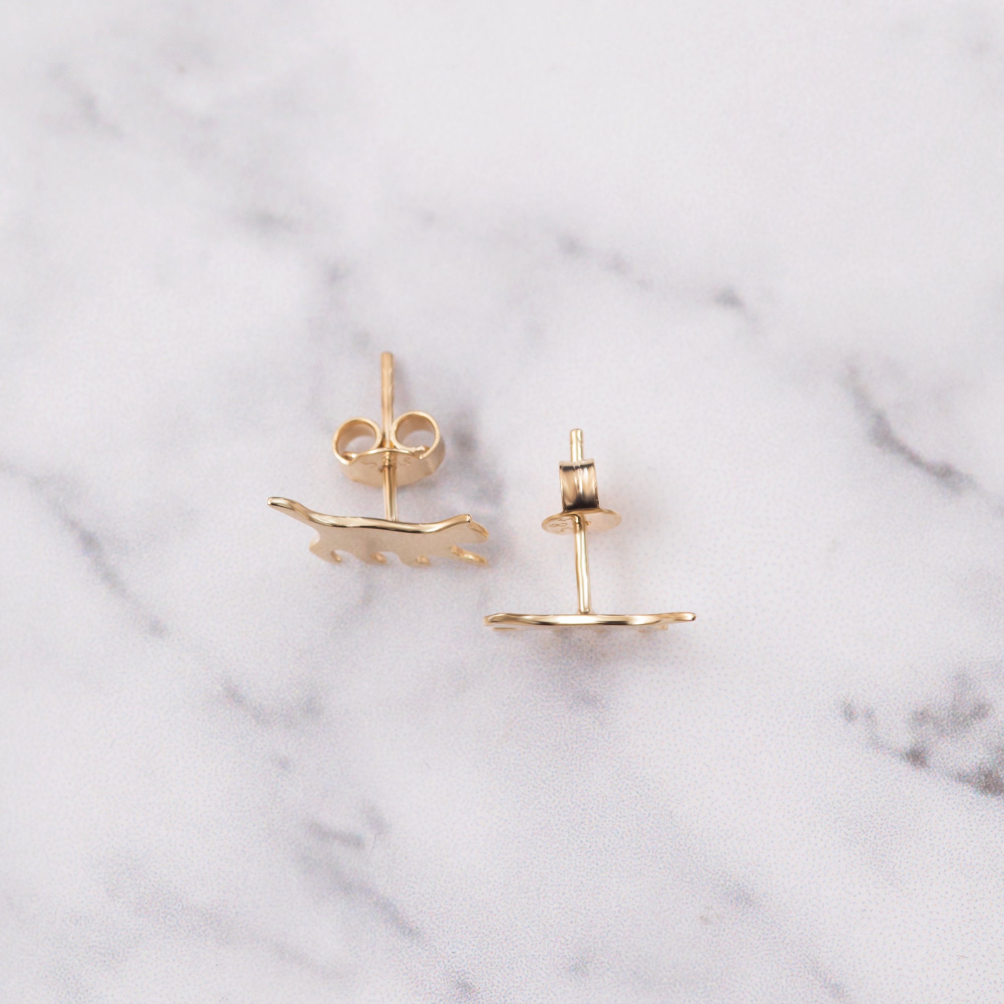 14K 18K Gold Cat Stud Earrings, Dainty Gold Kitty Earrings for Cat ...