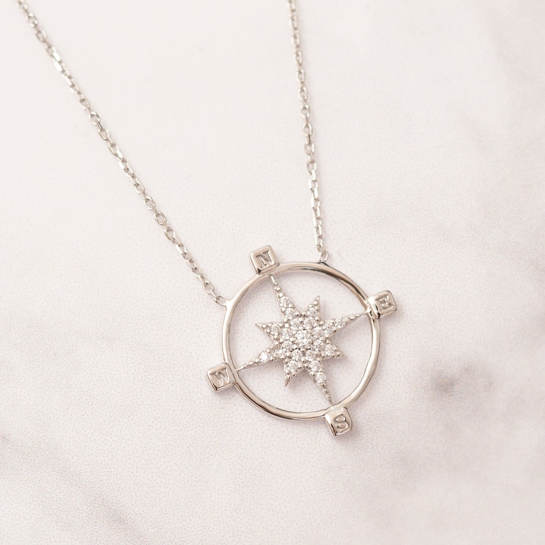 14k Solid Gold Compass Guidingstar Necklace, Dainty Polestar and ...