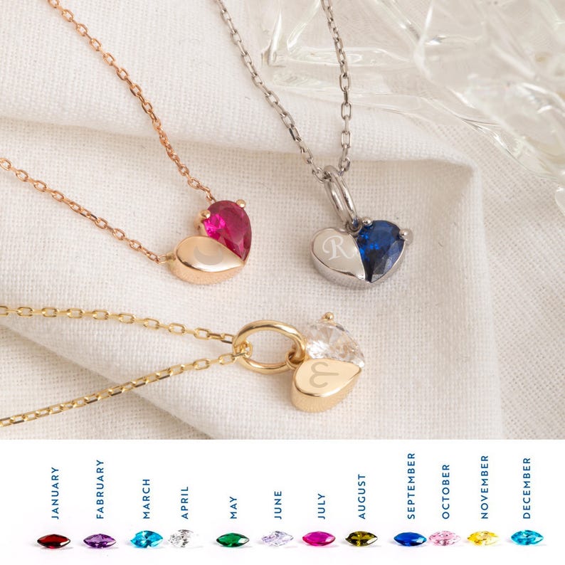 Solid Gold Heart Custom Birthstone Necklace – 14k 18k Gold CZ Pendant ...