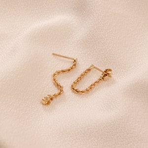 14k Yellow Gold Rope Chain Earrings, Solid Gold Dangle Rope Chain ...