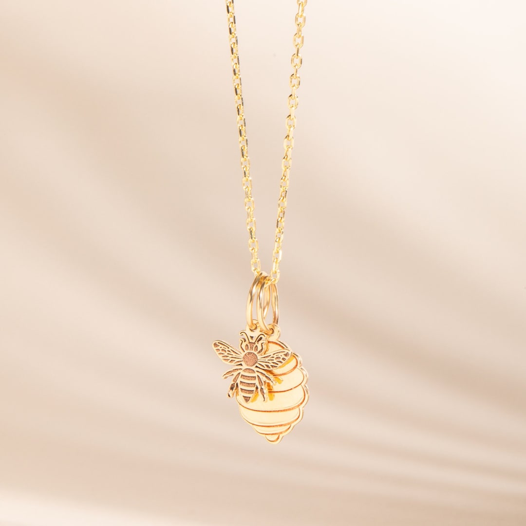 Tiny Bee Pendant, Beehive Charm for Women, 14K 18K Solid Gold Dainty ...