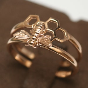 14k 18k Solid Gold Bee Stacking Ring, Honey Bee Engagement Real Gold ...