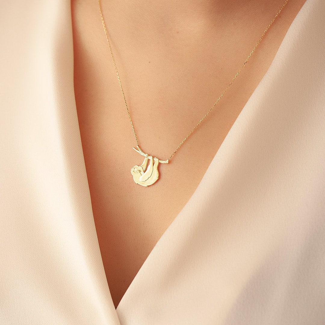 14k 18k Gold Sloth Necklace, Solid Gold Lazy Sloth Necklace, Cute ...