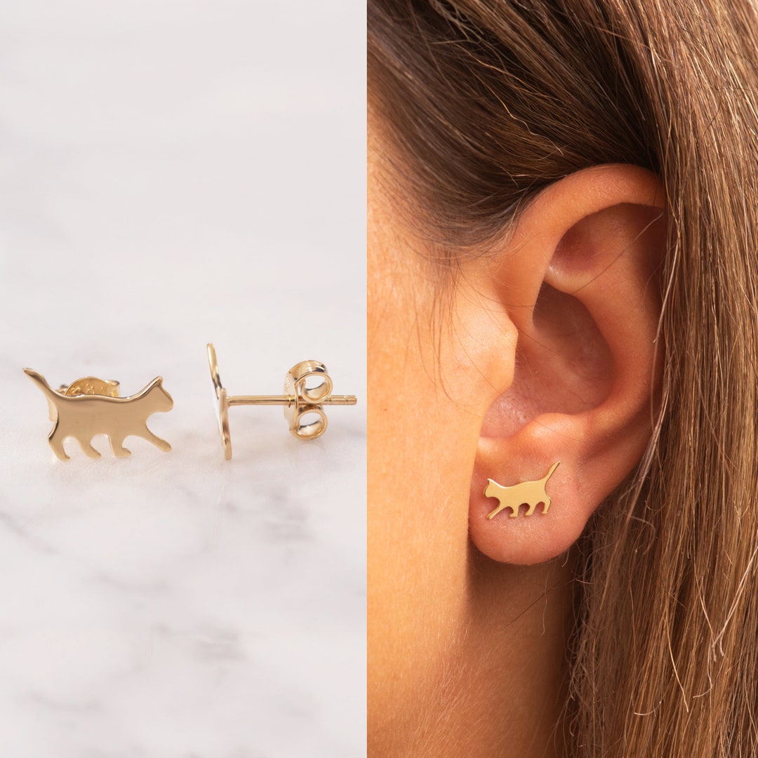 14K 18K Gold Cat Stud Earrings Dainty Gold Kitty Earrings for - Etsy