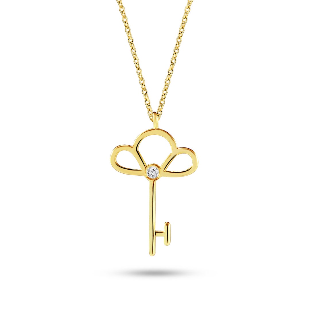 14k 18k Solid Gold Key Diamond Necklace, Diamond Key Necklace, Dainty ...