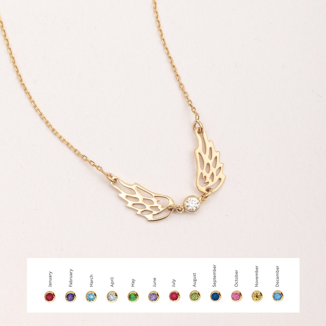 14K 18K Solid Gold Angel Wing Necklace, Custom Birthstone Double Angel ...