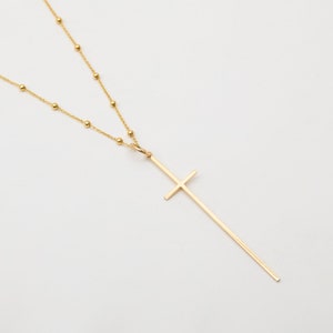 14k Gold Long Cross Pendant Necklace - Simple Modern Cross Necklace ...