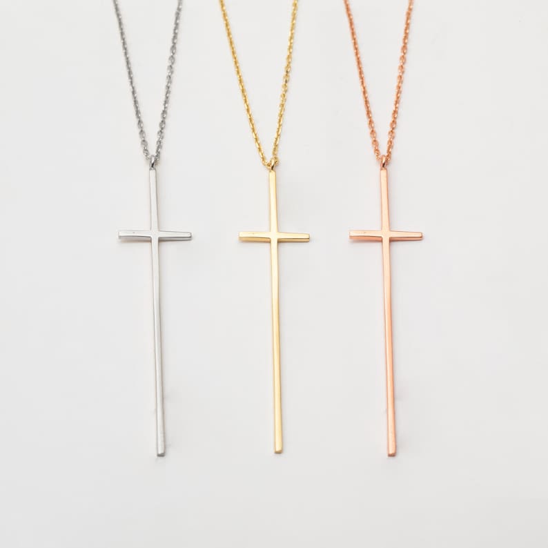 Minimalist Long Cross Pendant Necklace - Customizable 14k & 18k Solid ...