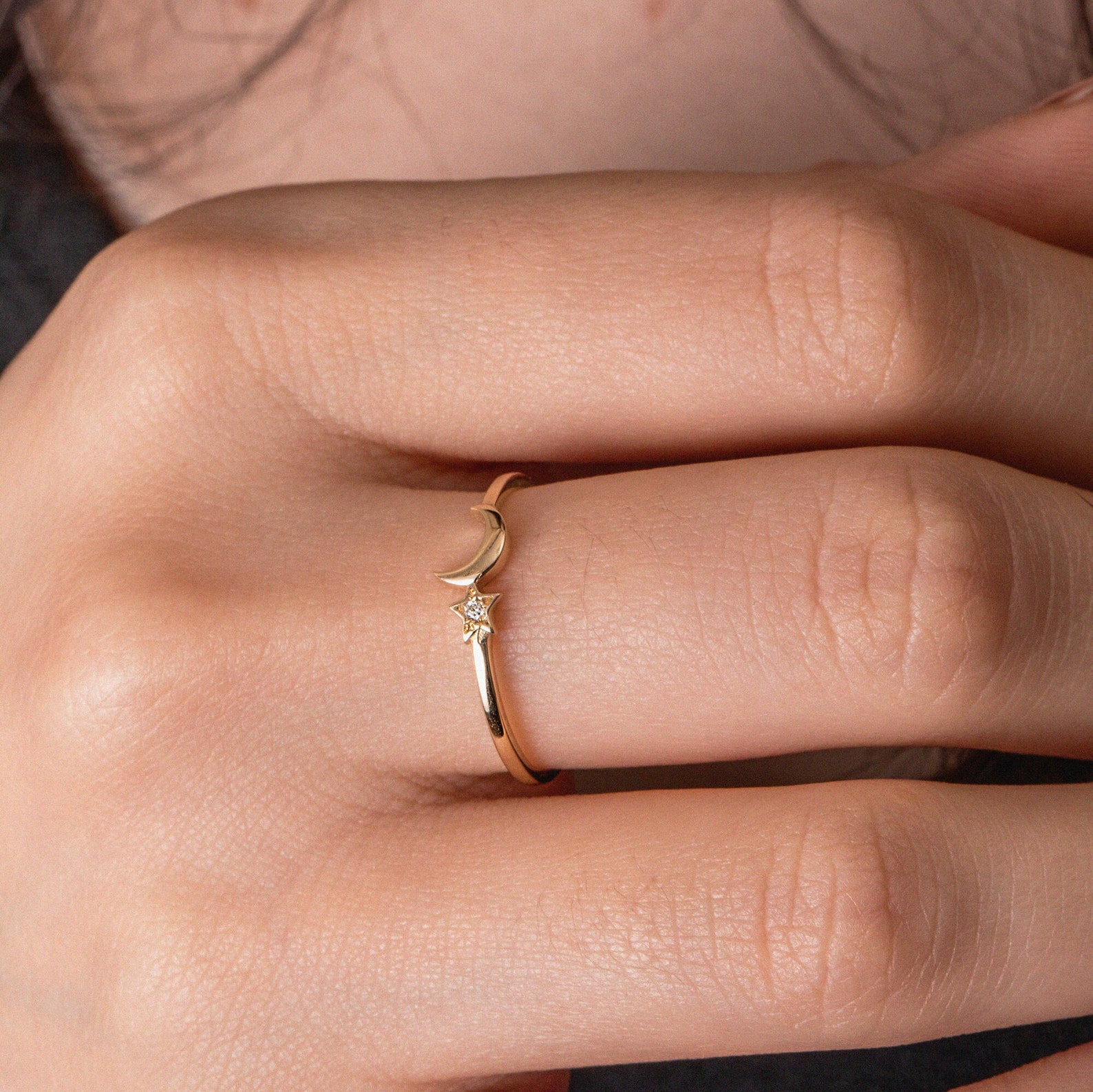 Diamond Crescent Moon Star Ring, 14K 18K Solid Gold Dainty Moon Star ...