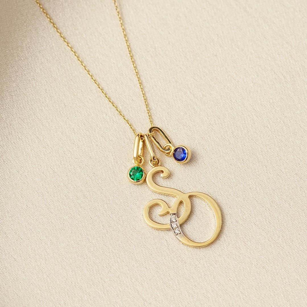 Custom 14K Gold Double Initials Necklace W/birthstone - Personalized ...