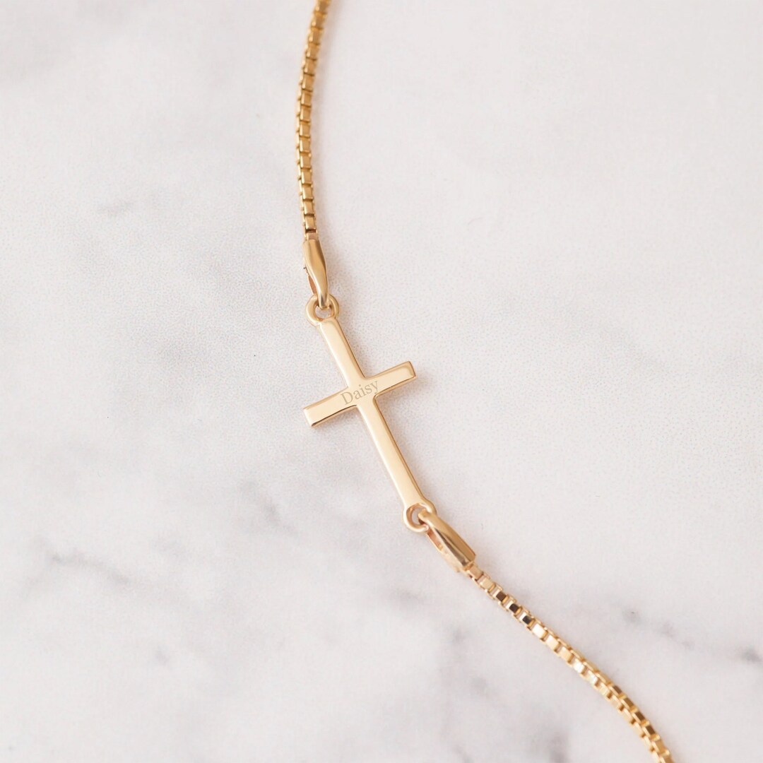 14K Solid Gold Sideways Cross Box Chain Bracelet, Gold Stylish Tiny ...