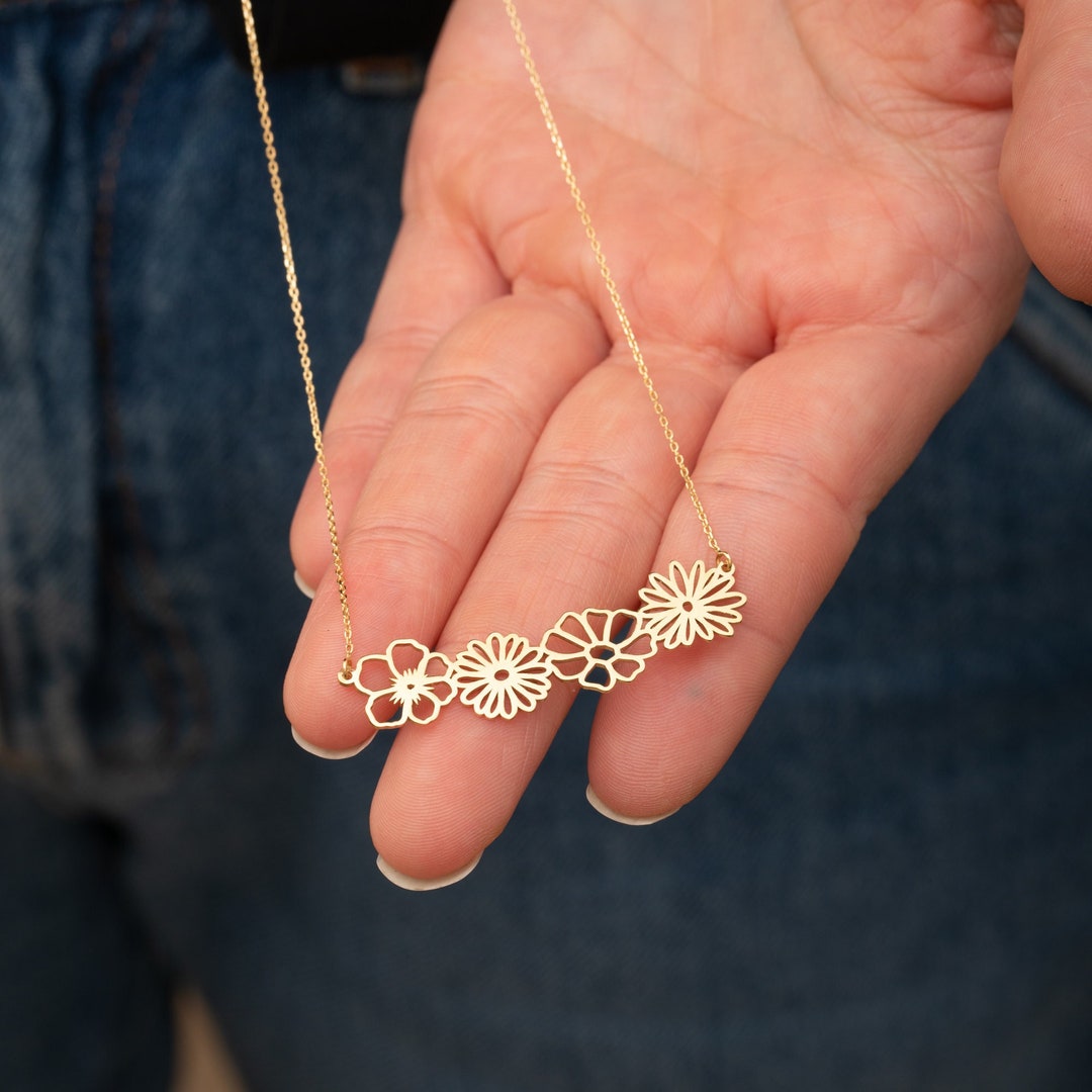Customized Multiple Cutout Birth Flower Necklace, 14K or 18K REAL Gold ...