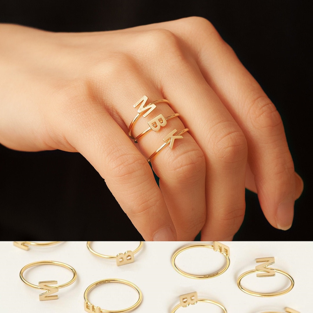 14k 18k Solid Gold Custom Initial Ring, Dainty Personalized Gold ...