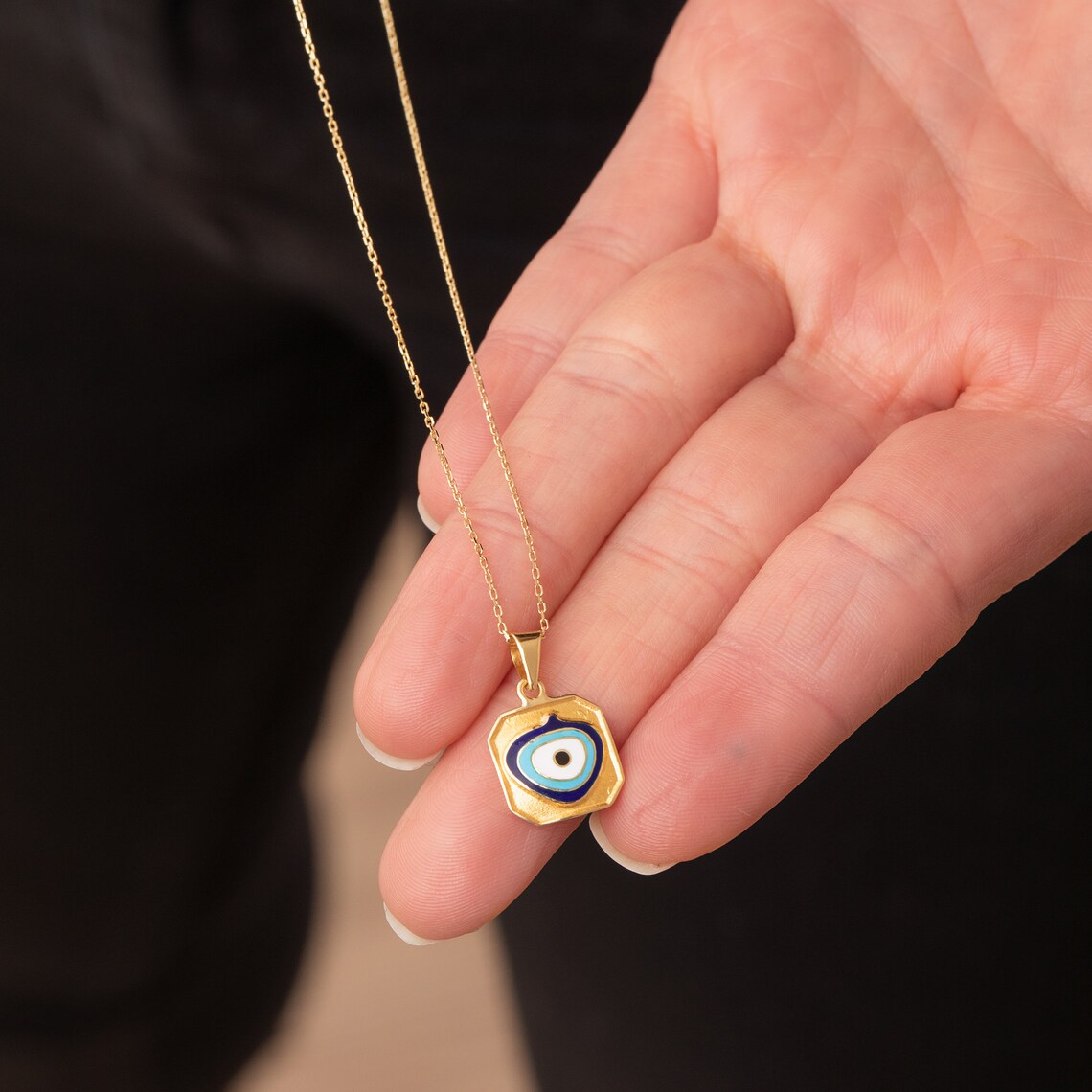 14k Solid Gold Square Evil Eye Necklace Dainty Square Shape - Etsy