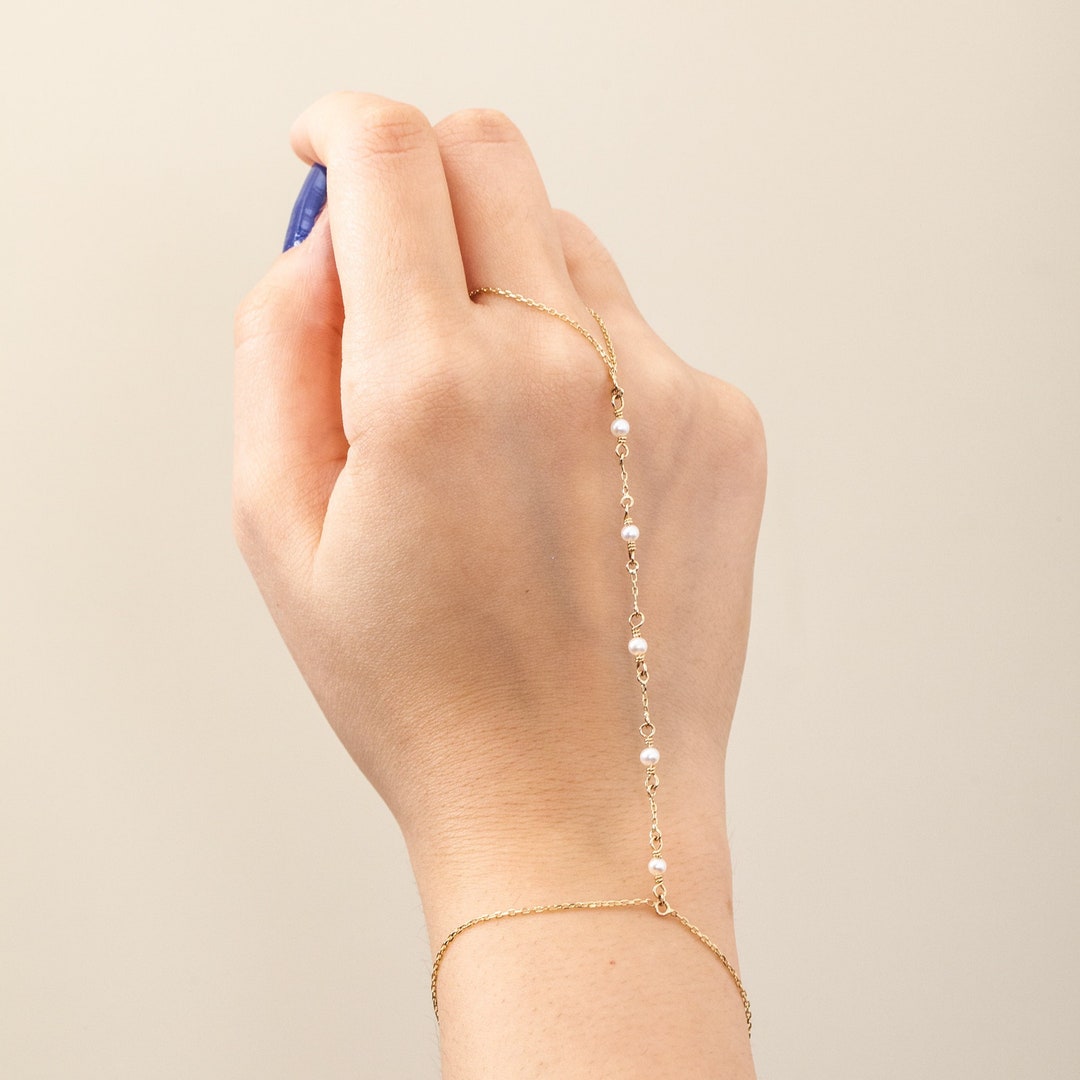 14K 18K Solid Gold Pearl Hand Bracelet Solid Gold Chain Ring Bracelet ...
