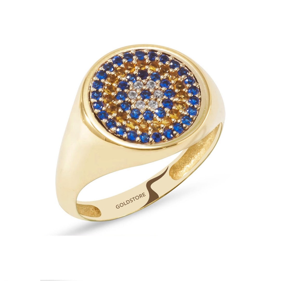 14K Real Signet Ring With Blue and Yellow CZ, Geometric Gemstone Pave ...