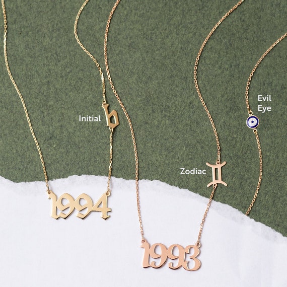 14k Solid Gold Birth Year Necklace Personalized Custom Date Number Necklace Custom Year Birthstone Initial Necklace Gift for Her Women Men Etsy