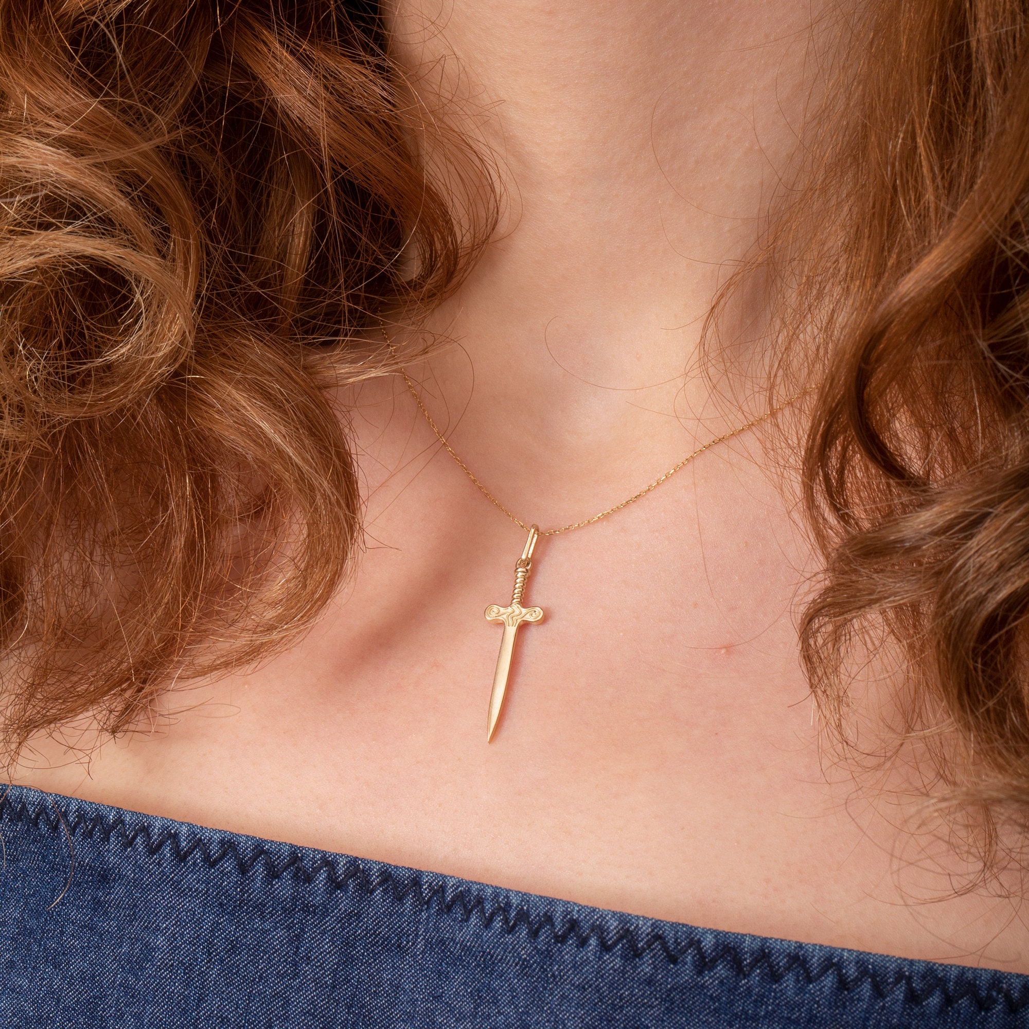 Sword Pendant 14K 18K Solid Gold, Custom Engrave Dagger Necklace, Real ...