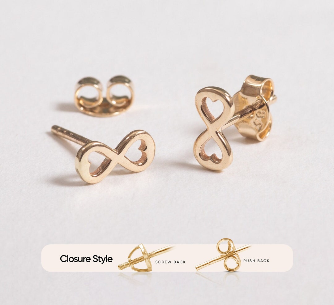 Infinity Symbol Earrings 14k 18k Solid Gold, Dainty Heart Infinity Stud ...