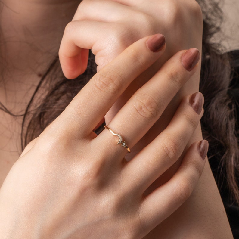 Diamond Crescent Moon Star Ring, 14K 18K Solid Gold Dainty Moon Star ...