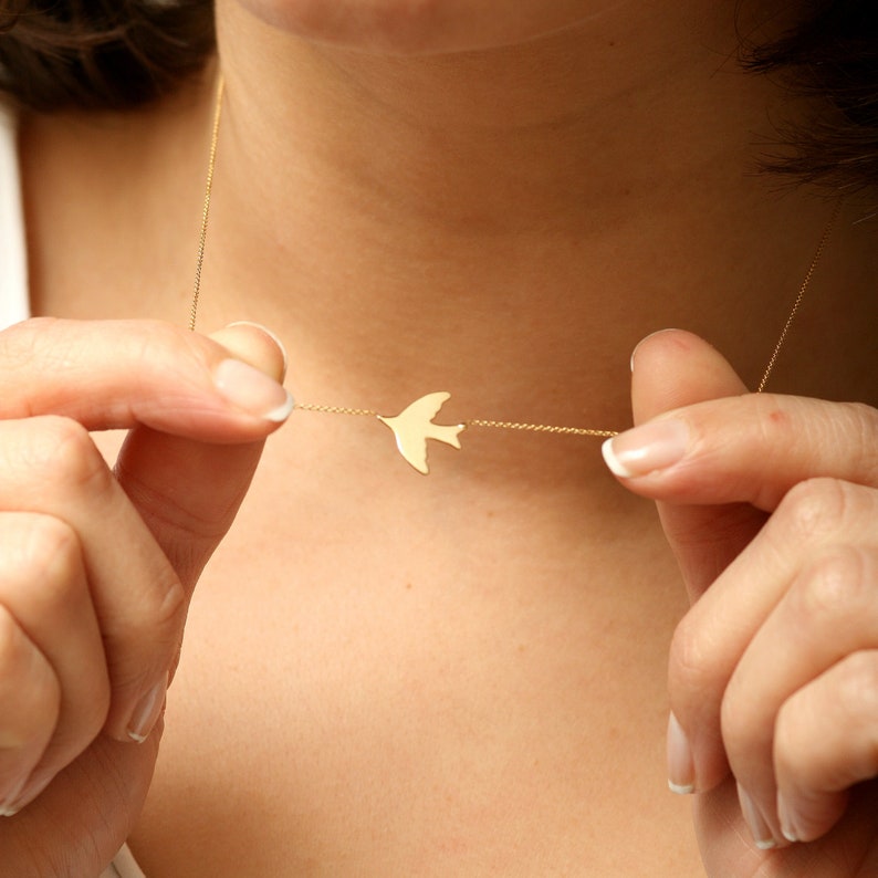 14k Solid Gold Swallow Necklace, Dainty Gold Flying Bird Necklace is a ...