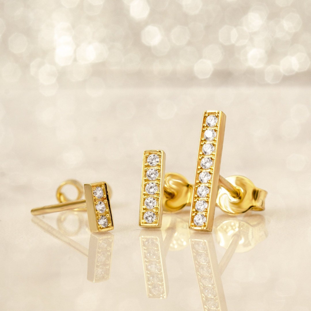 14k 18k Solid Gold Bar Earrings, Minimal Bar Stud Earrings, Paved ...