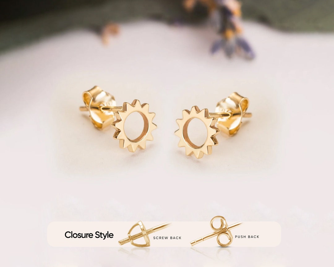 14K 18K Solid Gold Tiny Sun Stud Earrings, Minimalist Gold Dainty Sun ...